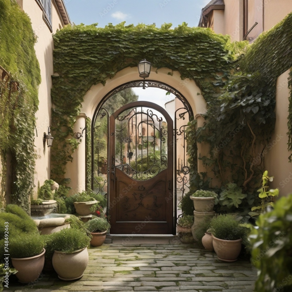 "A whimsical garden gate opens to reveal a charming courtyard, with ivy ...