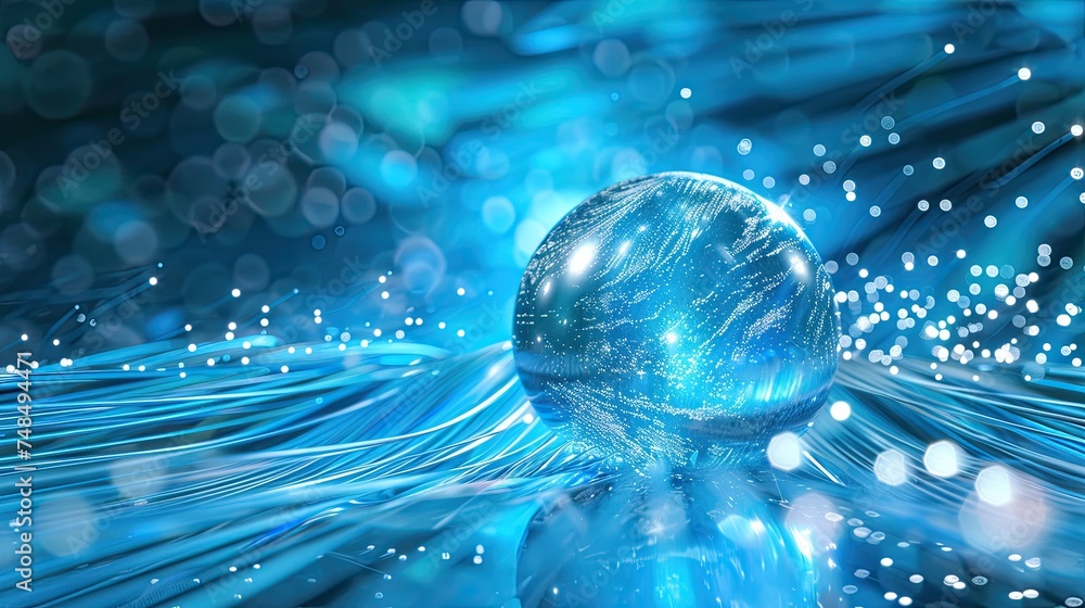 A rotating globe in a fiber optic cloud sending signals throughout the ...