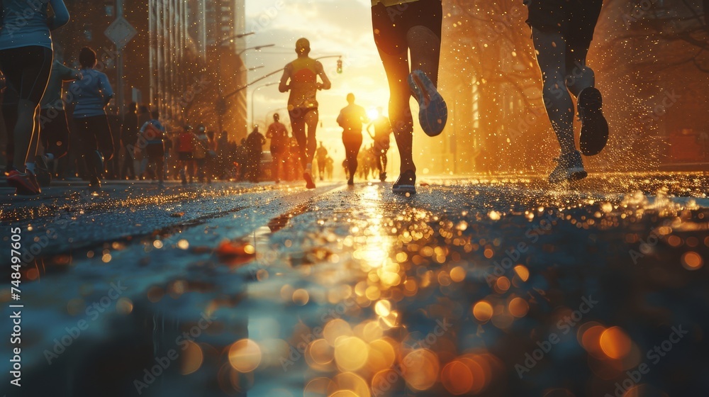 Silhouettes of marathon runners on an urban road with sparkling light ...