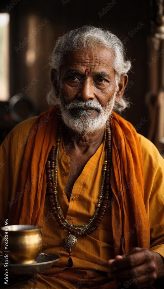 portrait of an old Indian temple priest or elderly sadhu man in saffron ...