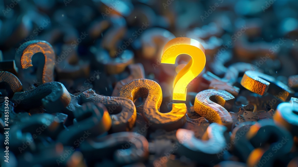 Puzzles of question marks cluster, with one glowing brightly in their ...