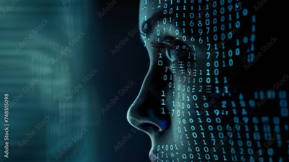 Female face with matrix digital numbers artifical intelligence AI theme ...