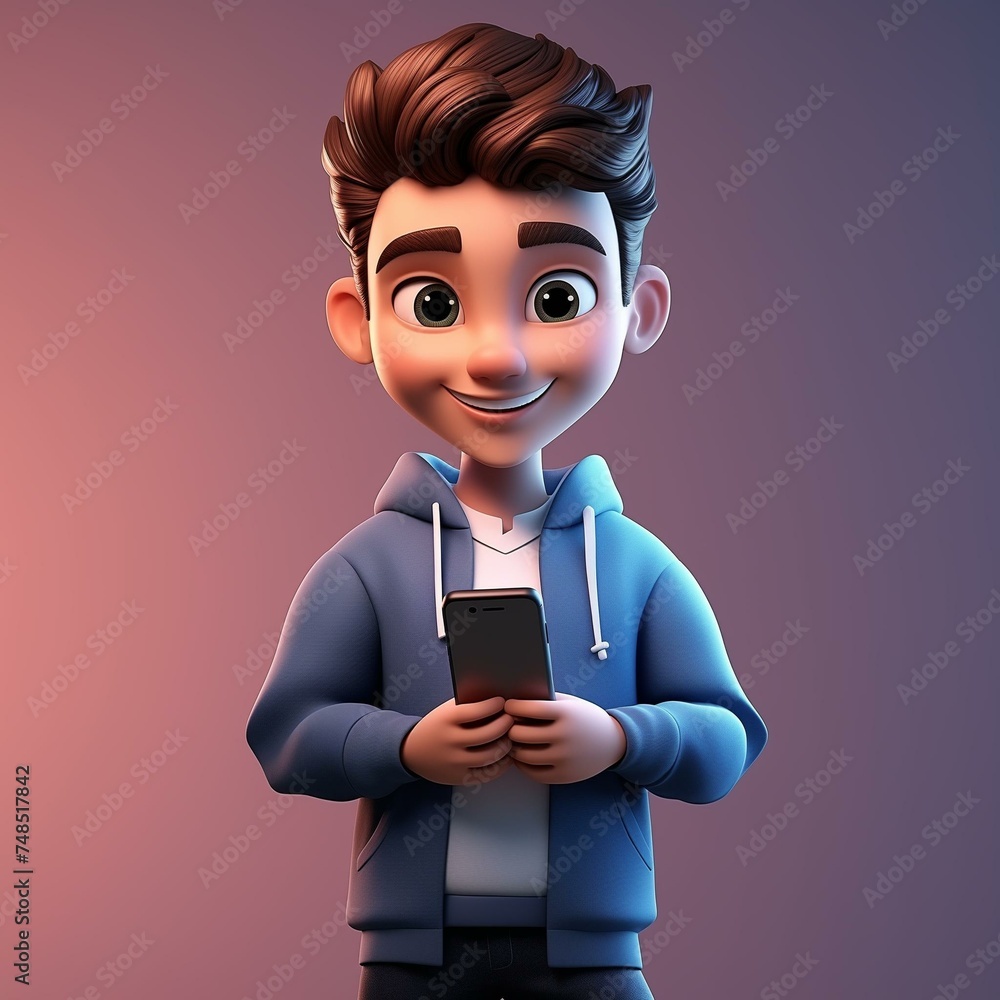 Smiling Animated Teen Boy with Smartphone on Colored Background Stock ...