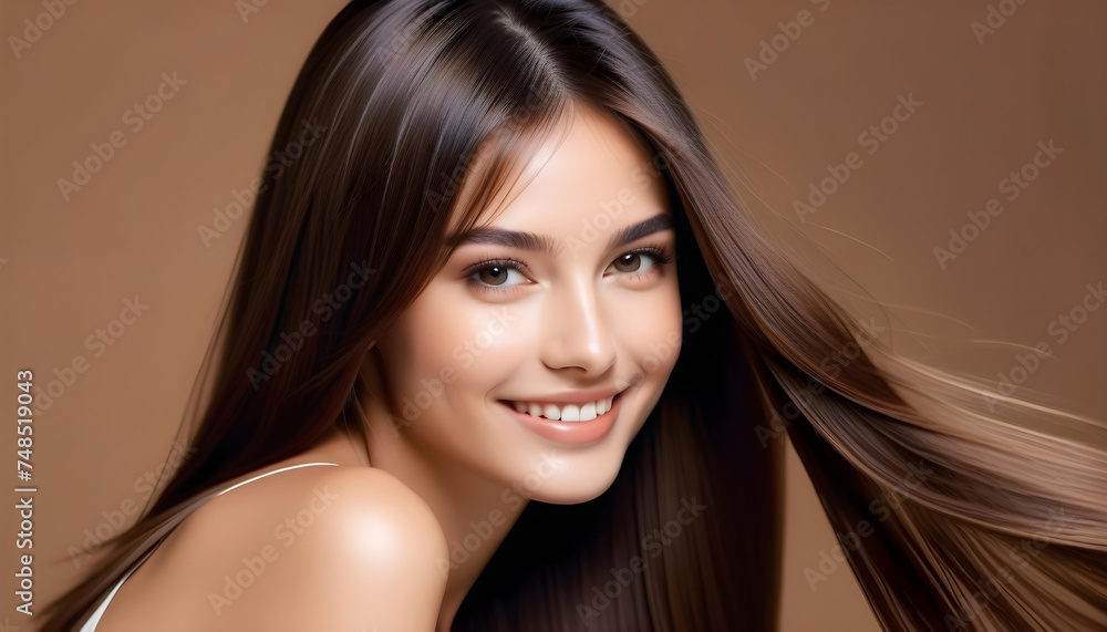 Smiling model woman with shiny brown smooth healthy hair with long ...