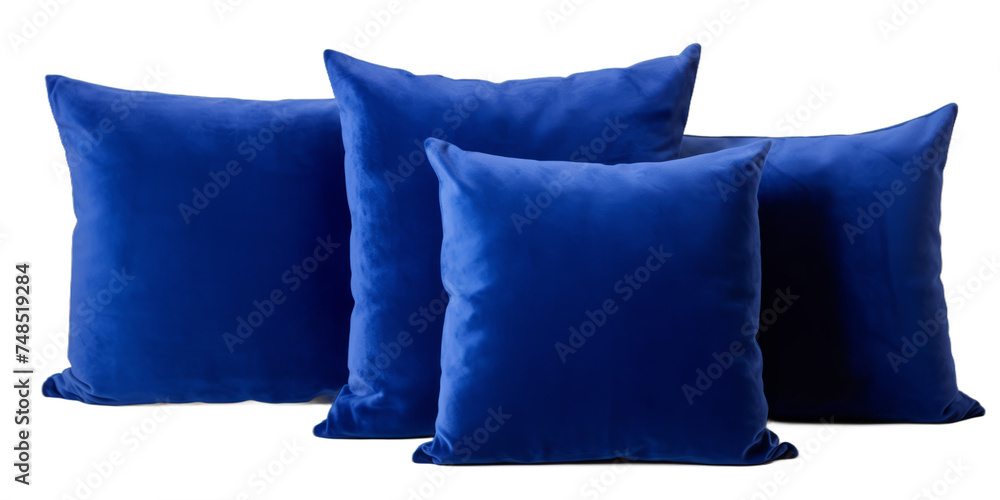 Collection of royal blue velvet cushions isolated on a transparent ...