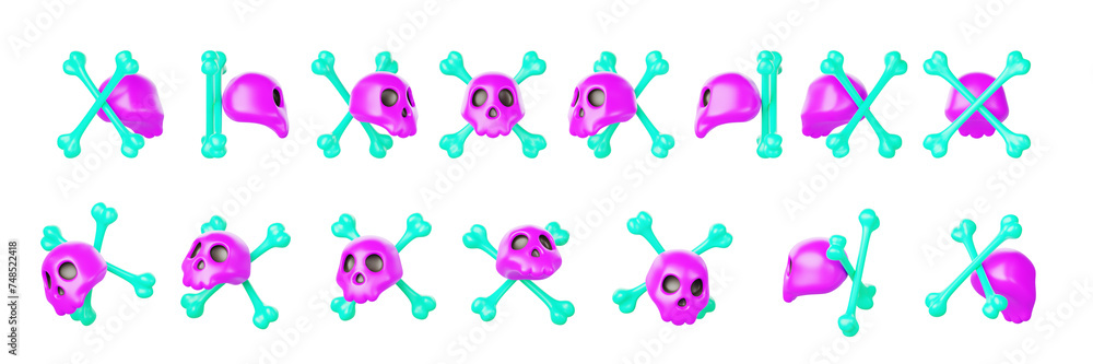 3d purple skull with green crossbones rotation render. Warning danger ...