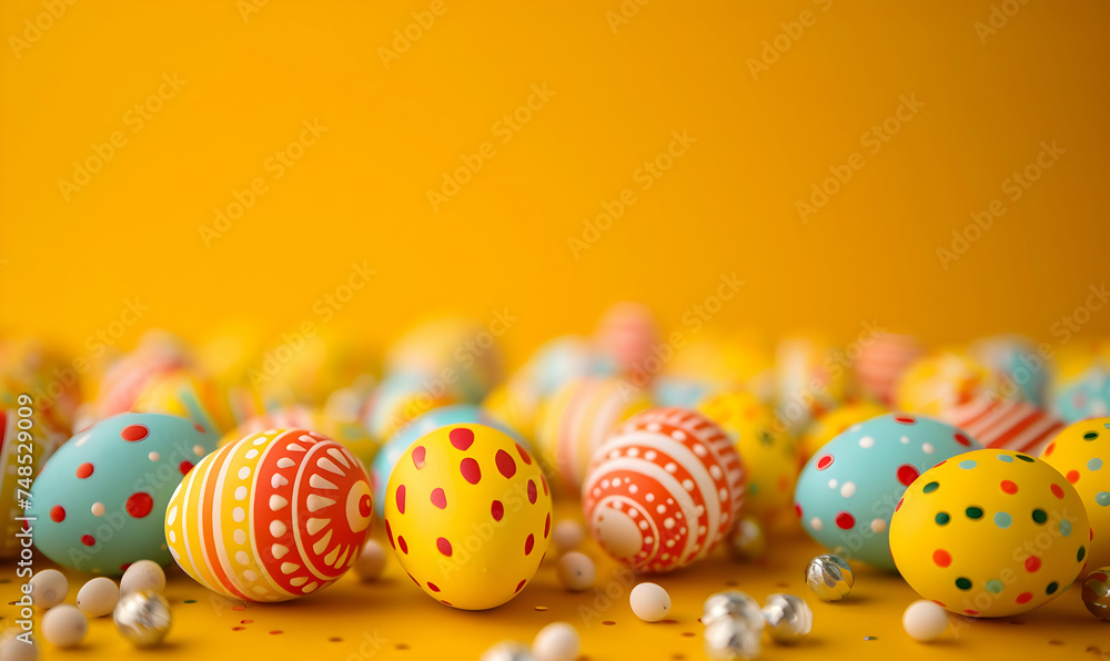 Happy easter colourful easter eggs on yellow background decoration ...