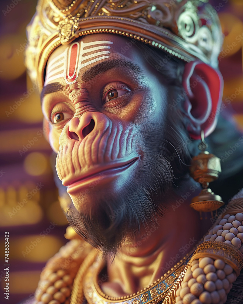 3D Rendering: Semi-Profile Portrait of Hanuman, the Indian Deity, with ...