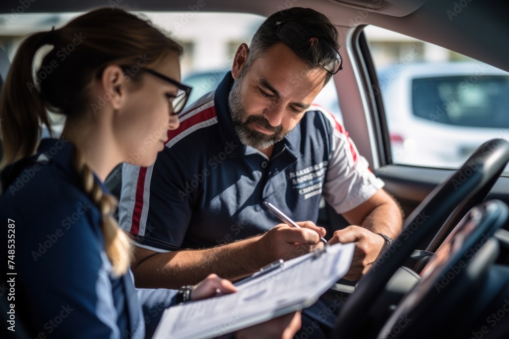 Driving school teacher about traffic rules in the first driving class ...