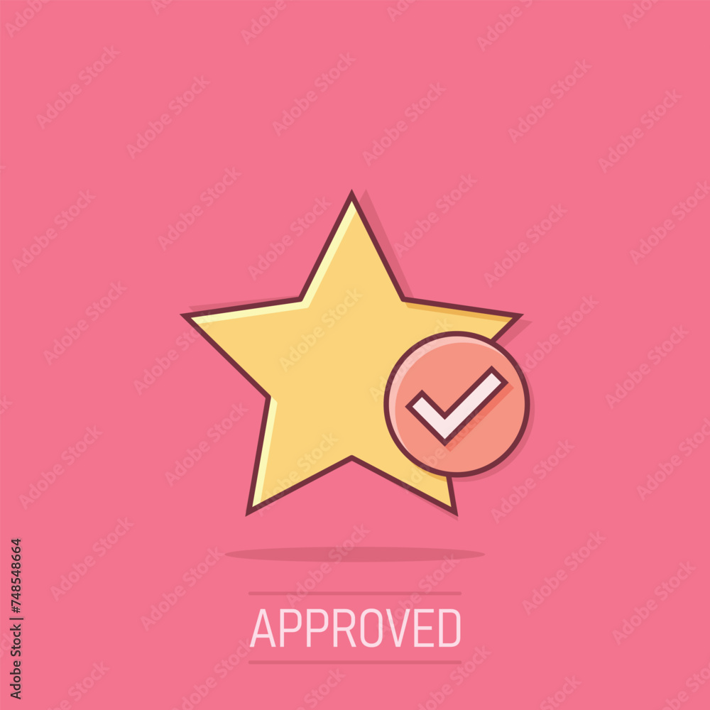 Check mark with star icon in comic style. Add to favorite cartoon ...