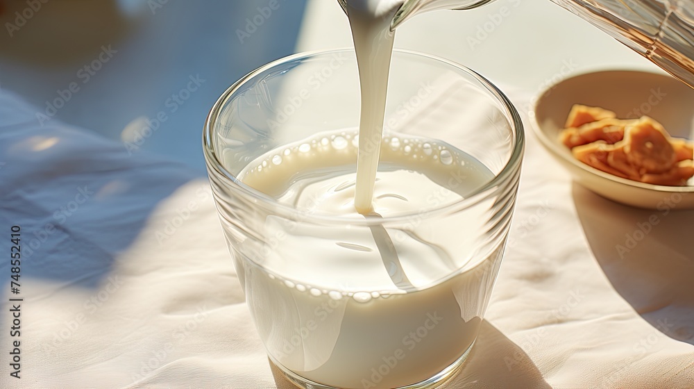 Pour milk into a glass. A glass of milk. Fresh milk, cream, yogurt ...