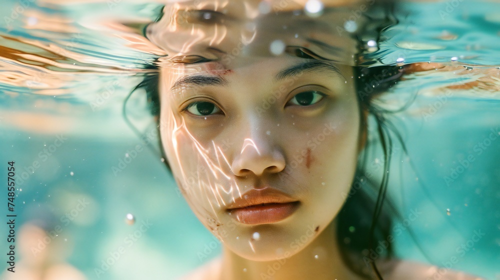 Submerged in turbulent tides, a woman's face silently reflects the ...