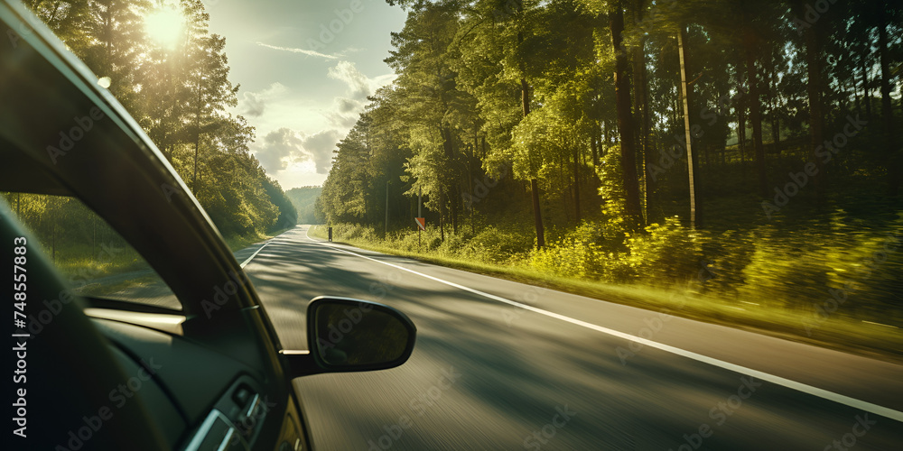 Driving fast on the forest, Side view of car driving on road in forest ...