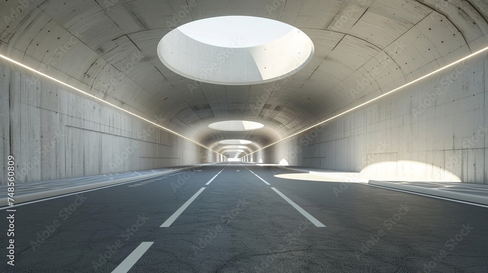 Rendering of 3D architectural tunnel on highway with empty asphalt road ...
