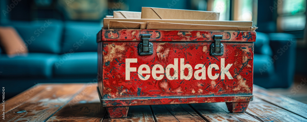 Red feedback box with paper feedback forms inside highlighting the ...