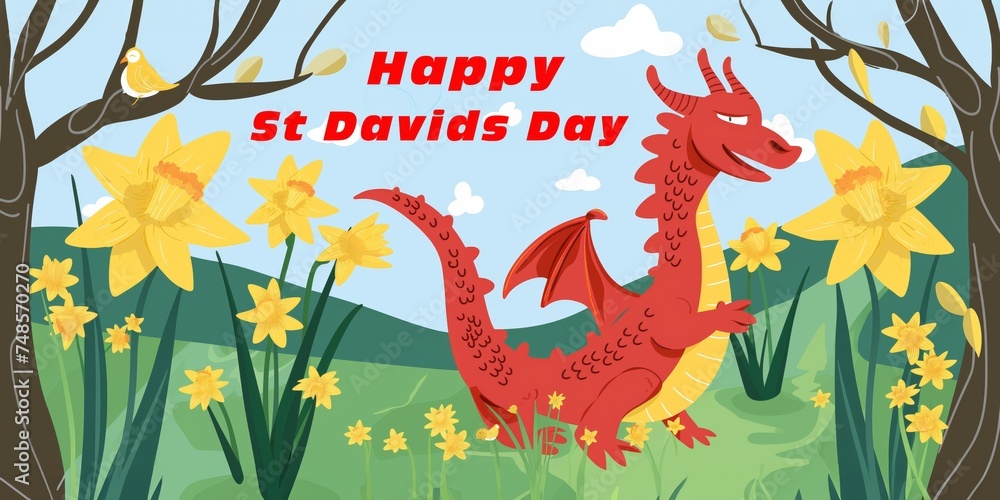 Happy St Davids Day Banner - Illustration with Red Dragon And Yellow ...