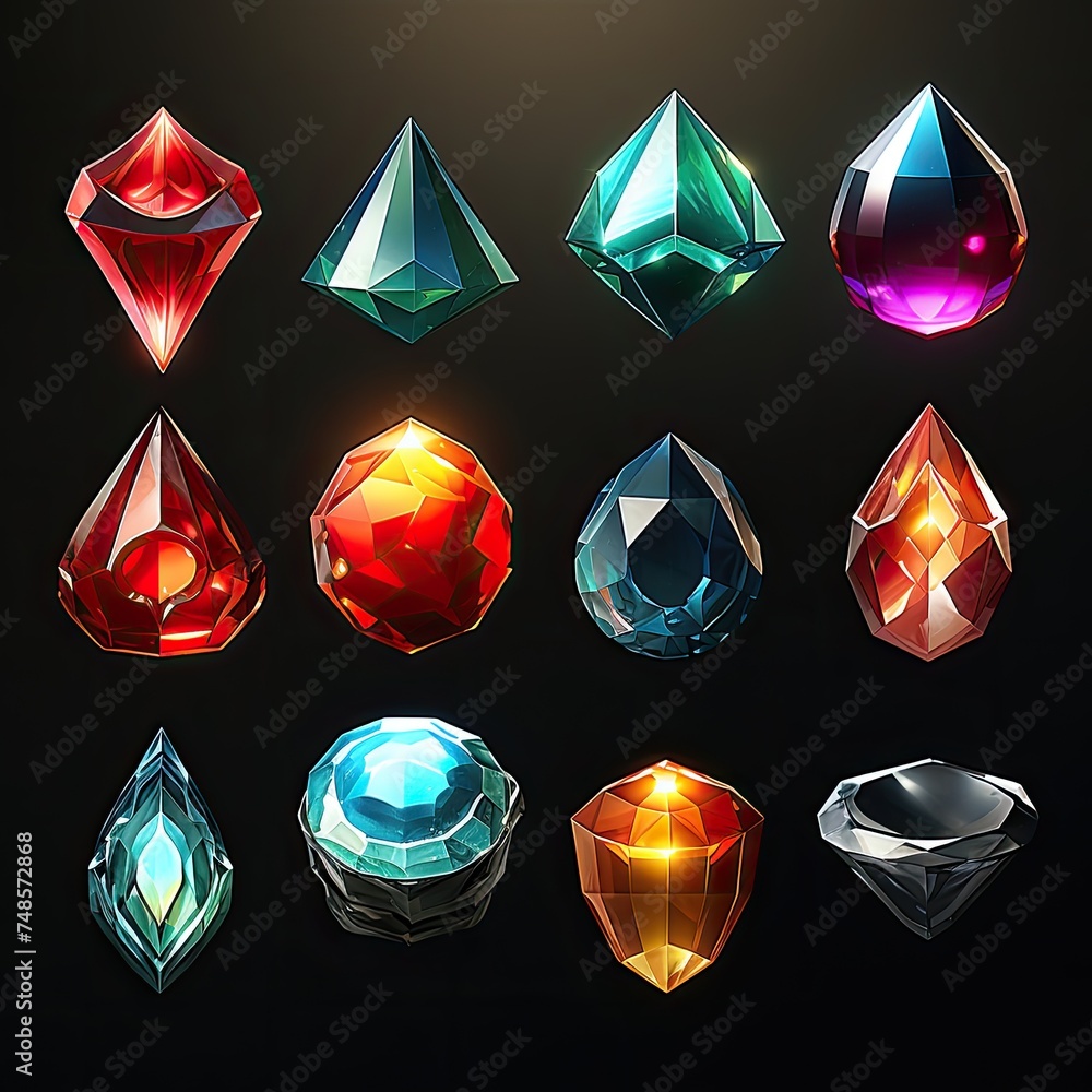Collection of stylized multi-colored gemstones icons, labels, badges ...