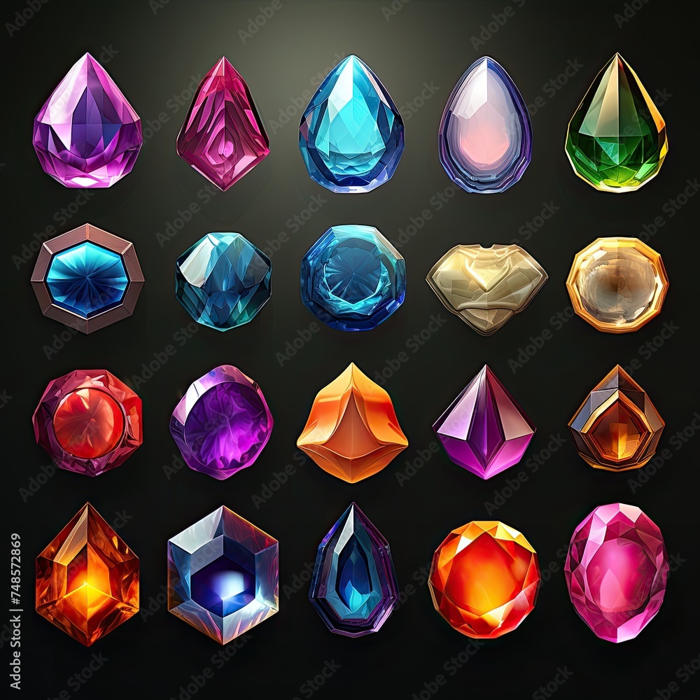 Collection of stylized multi-colored gemstones icons, labels, badges ...