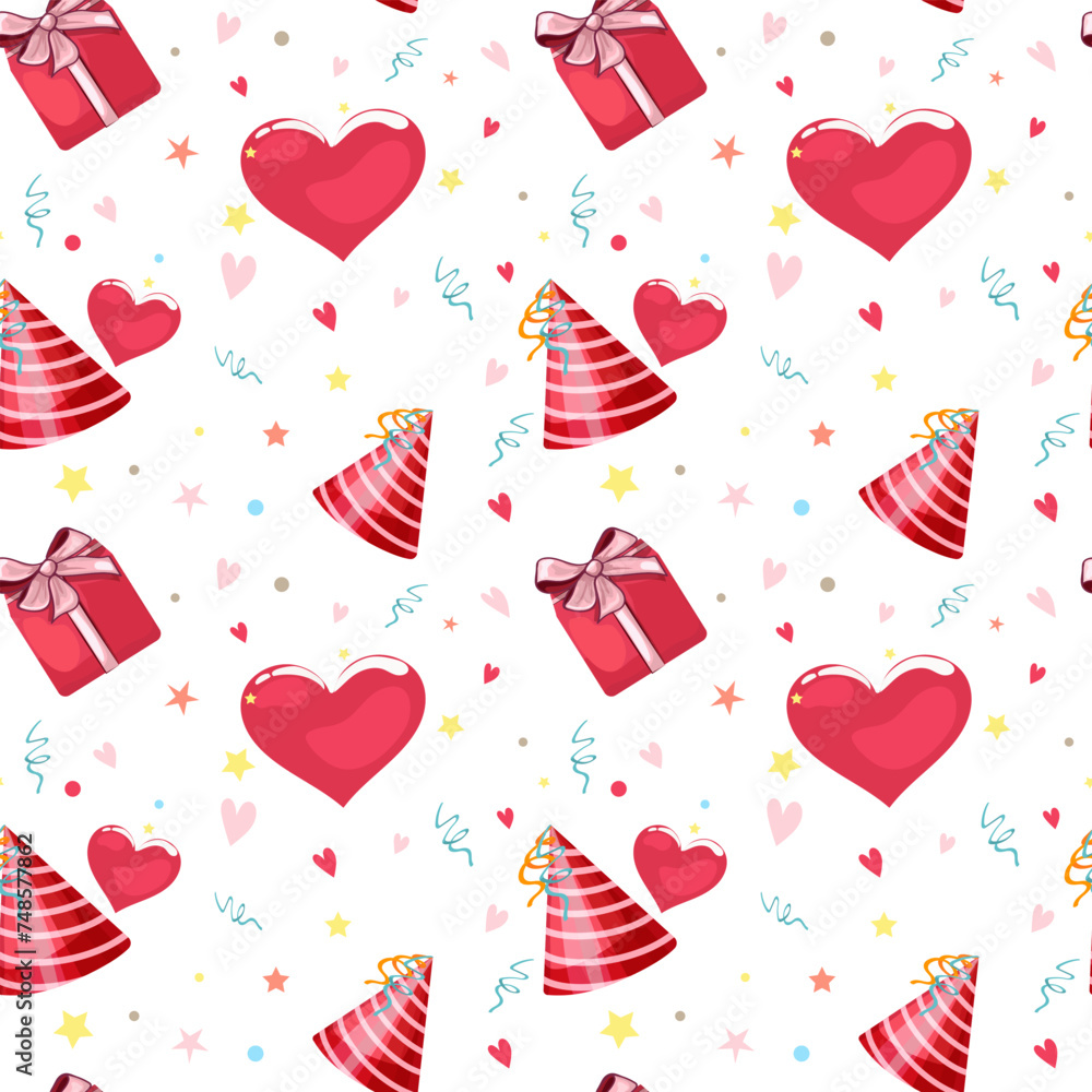 Vector seamless party background with gift boxes, hearts, birthday cap ...