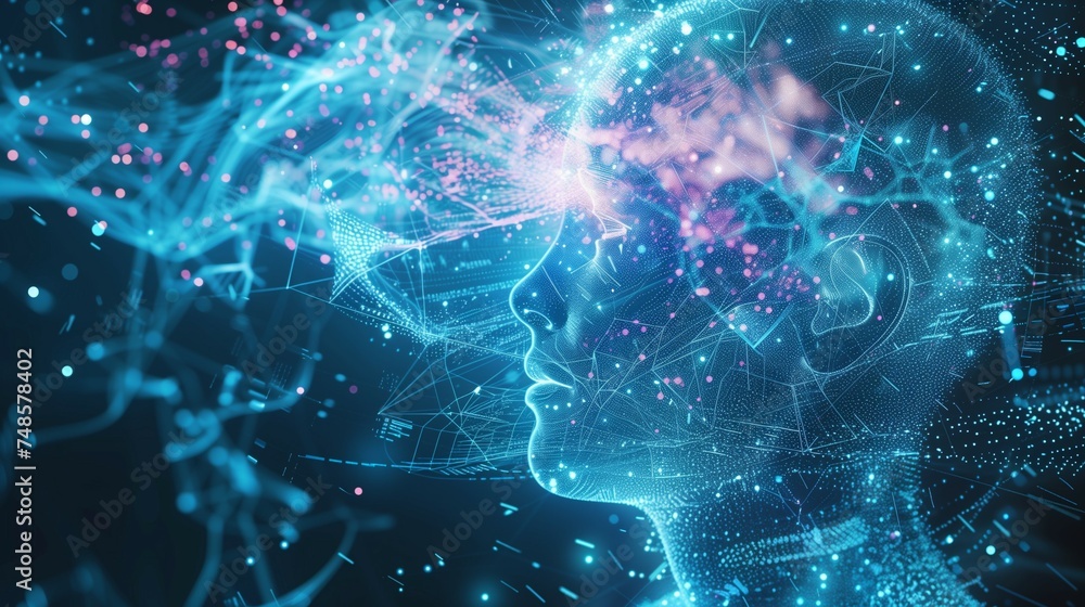 Mind map with a human head in the center. Point cloud ideas radiate ...