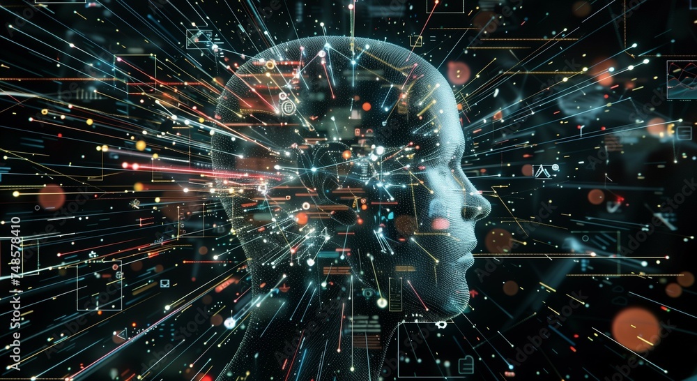 Mind map with a human head in the center. Point cloud ideas radiate ...