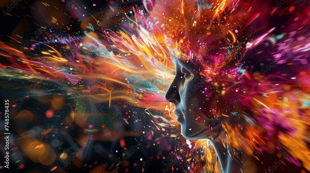 Mind map with a human head in the center. Point cloud ideas radiate ...