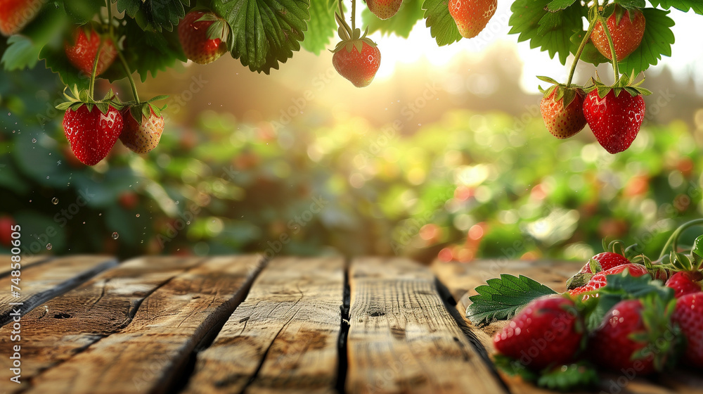Empty wood table with free space over strawberry trees, strawberry ...