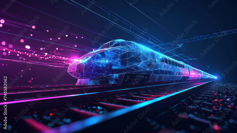 Digital low poly wireframe futuristic high-speed train. Future logistics modern technology ...