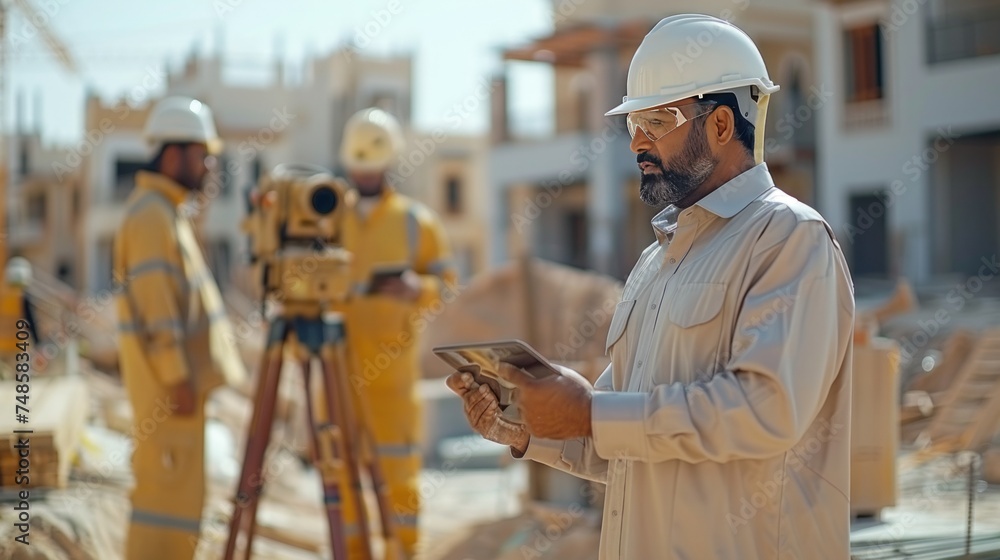 Diverse team of professionals using tablet computers on construction ...