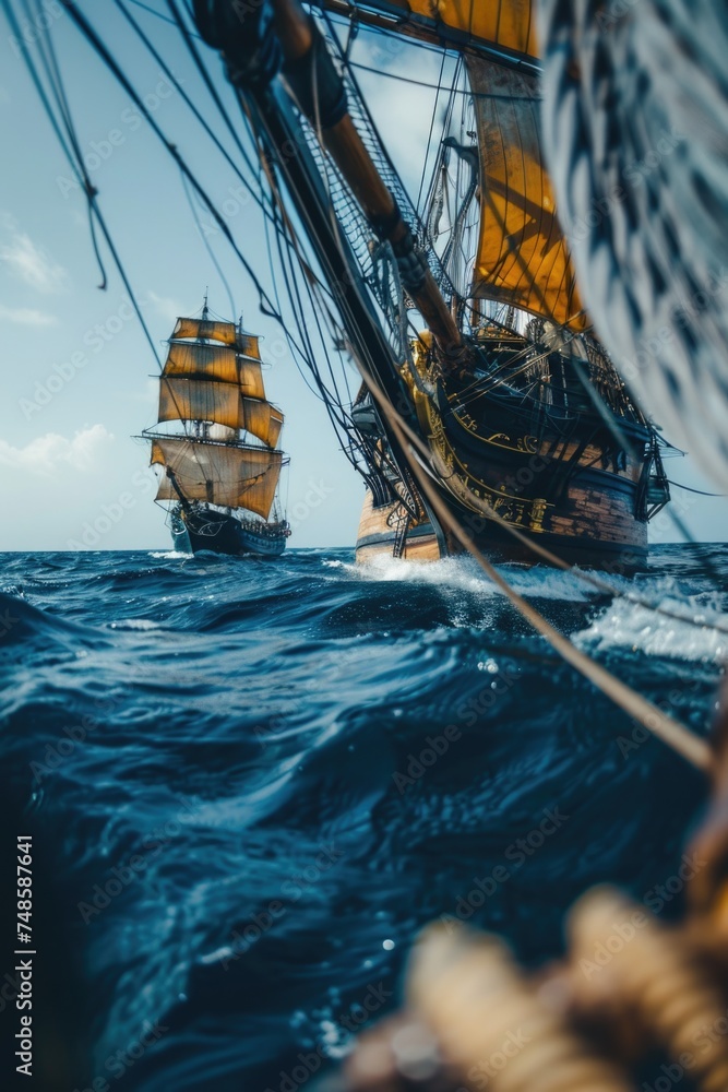 Two tall ships sailing on the open ocean. Suitable for maritime themes ...