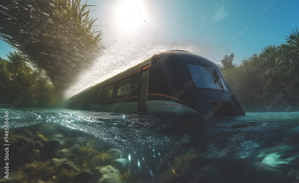 Train during a flood in heavy rain. Incident with a passenger train ...