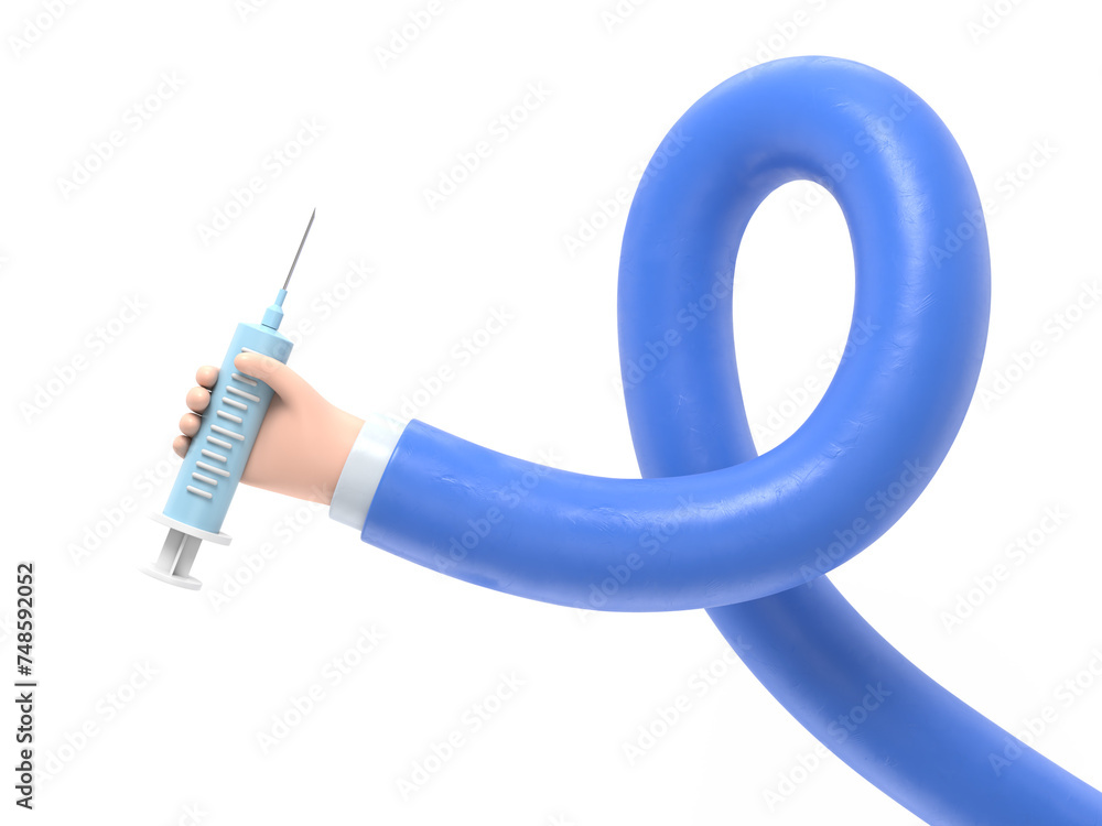 3d render. Doctor cartoon hand holding big syringe with vaccine against ...