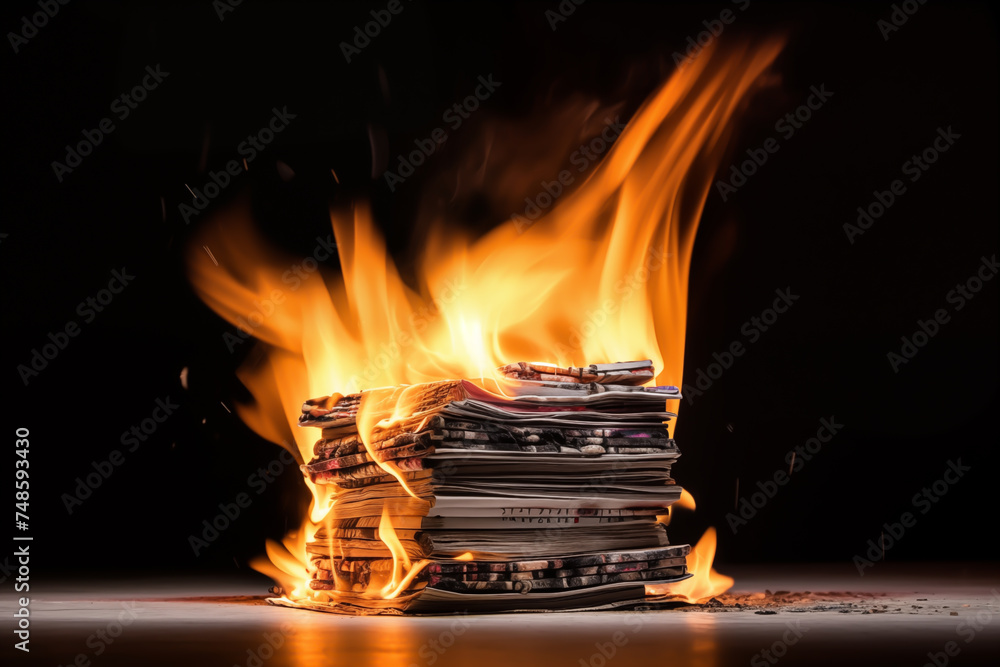 Newspapers in fire. Books and magazines on fire on black background ...