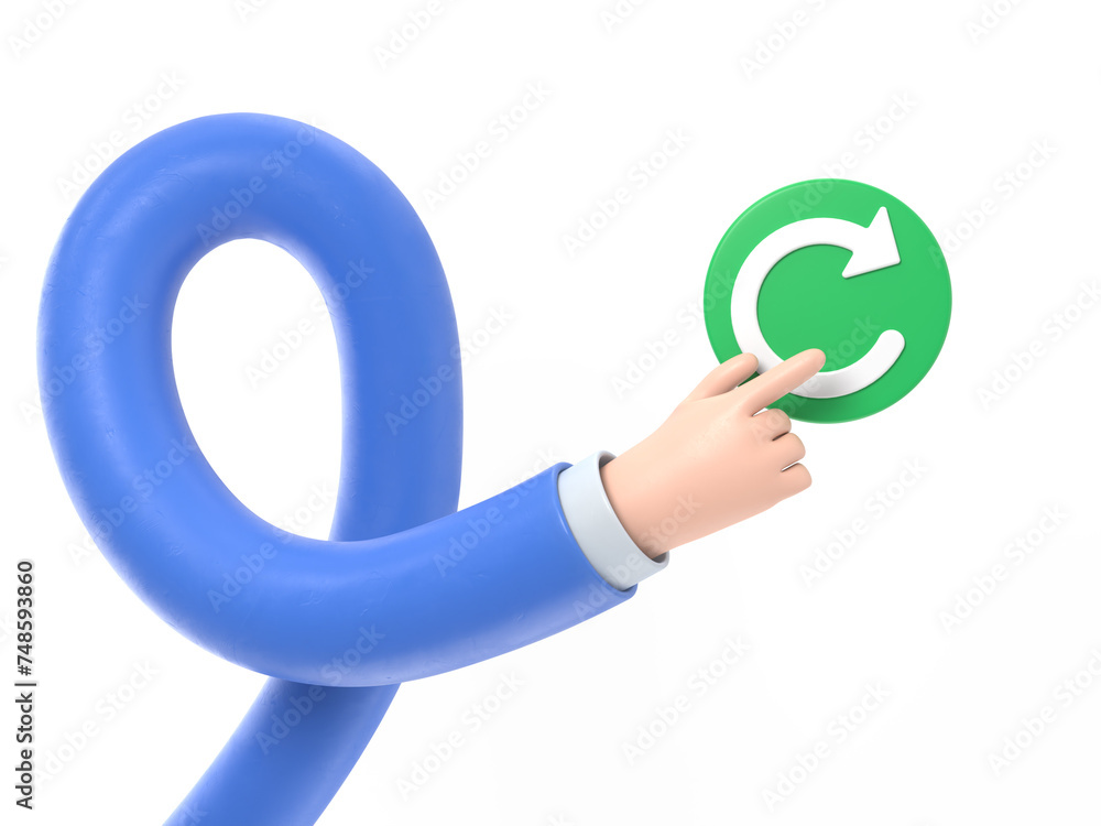 Reboot concept. Restarting technology. Hand to push big red button. 3d ...