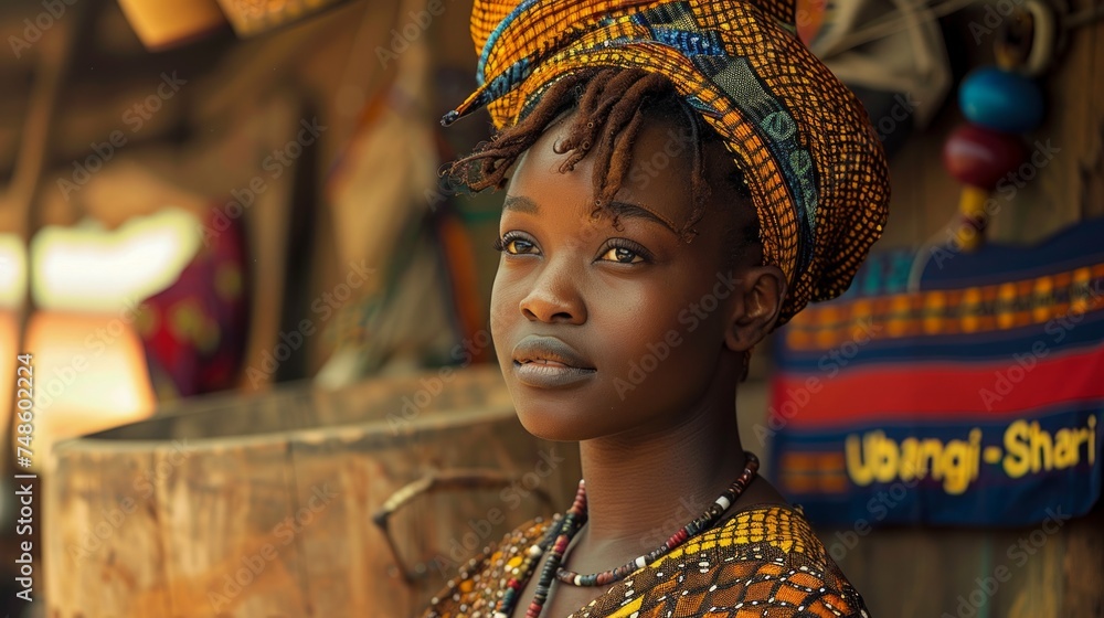 Portrait of a beautiful young African woman in traditional clothing at ...