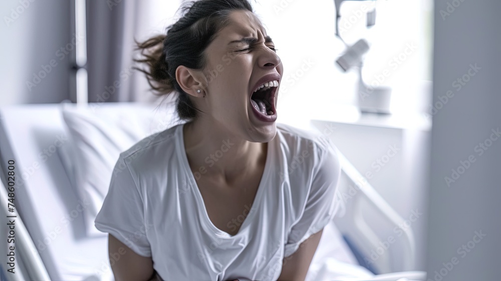 Laboring pregnant woman in a hospital, vocalizing during contractions ...