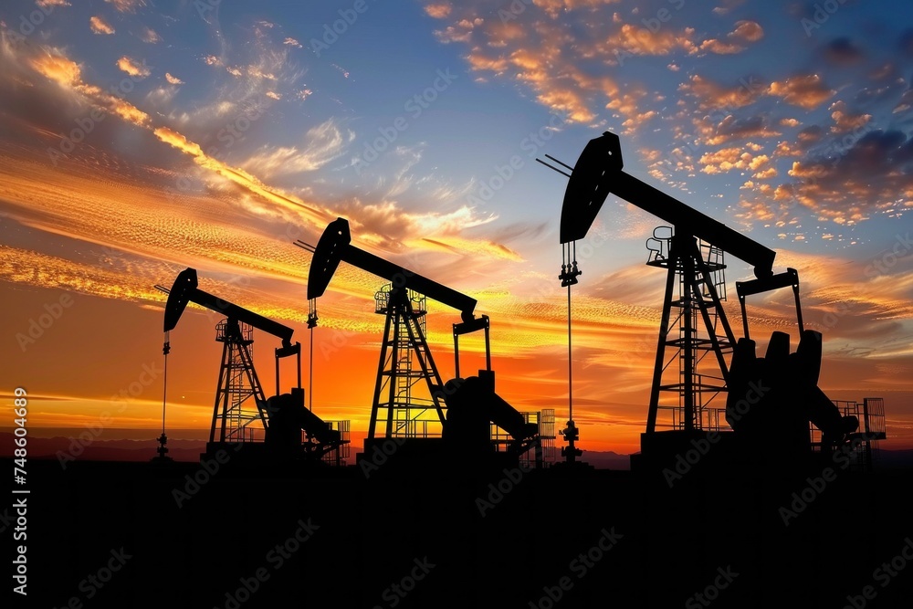 Oil drilling derricks at desert oilfield for fossil fuels output and ...