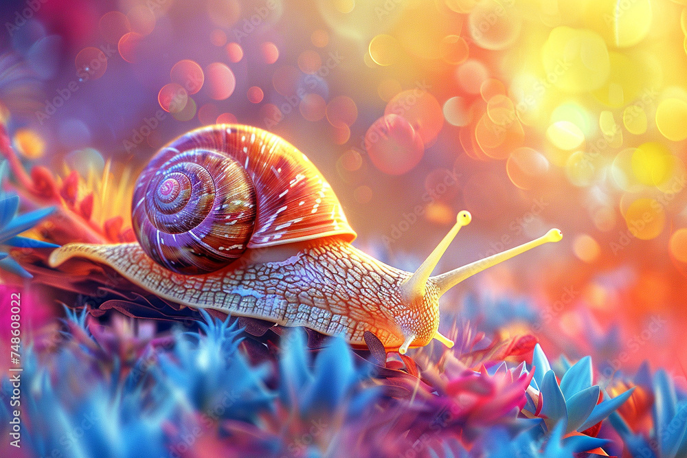Snail with turbo speed in fantasia, racing through a vibrant magical ...
