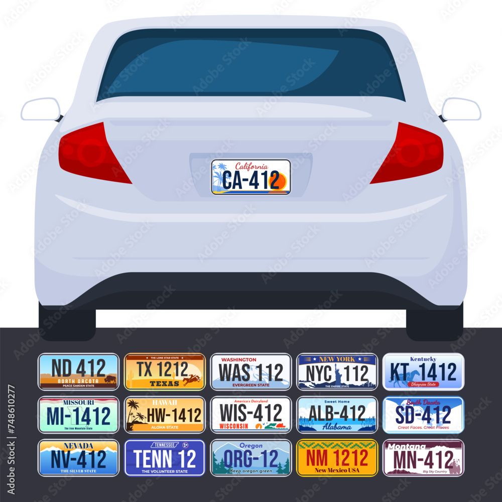Vehicle registration numbers in the USA. The back of the car. Abstract ...