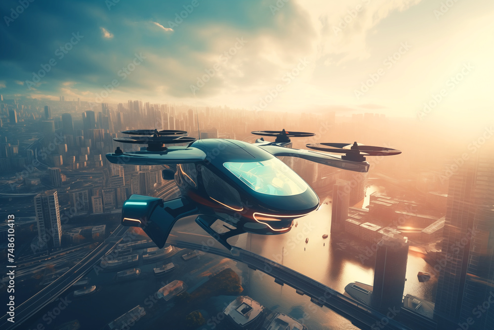 Flying car in sky. Electric air car flight above a cityscape. Future ...