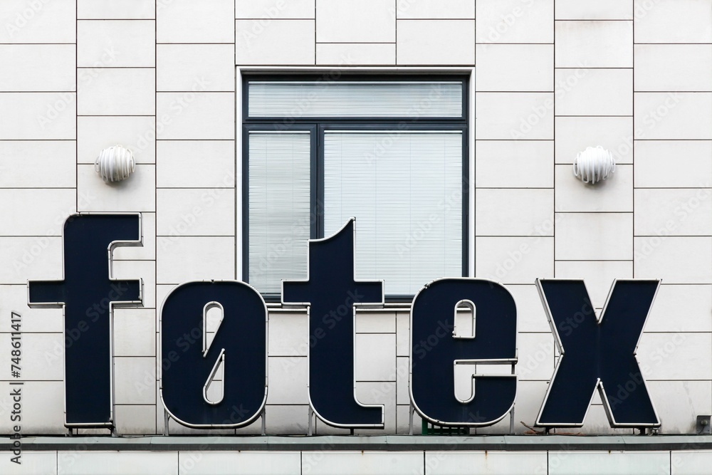 Copenhagen, Denmark - June 9, 2019: Fotex logo on a facade. Fotex is a ...