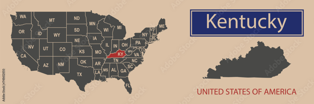 Vector map borders of the USA Kentucky state. State of Kentucky on the ...