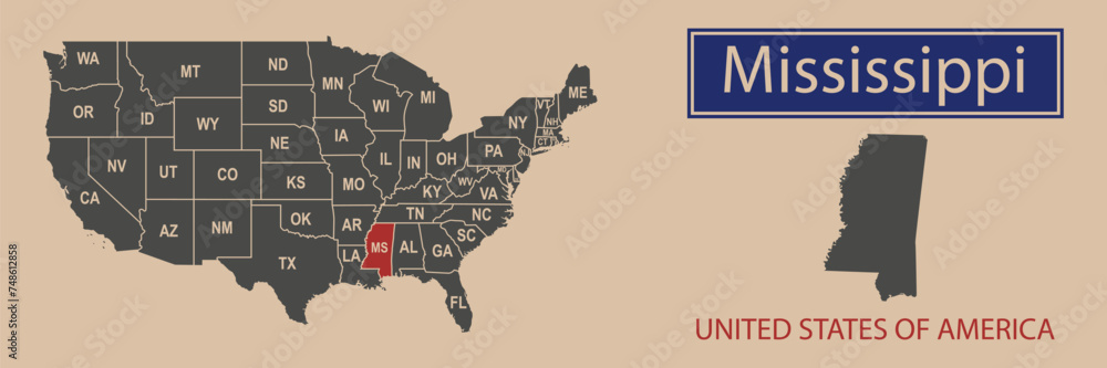 Vector map borders of the USA Mississippi state. State of Mississippi ...