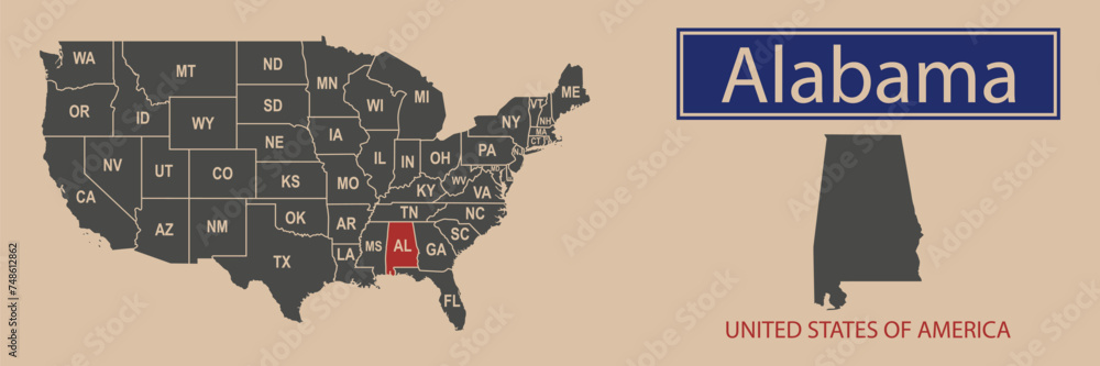 Vector map borders of the USA Alabama state. State of Alabama on the ...