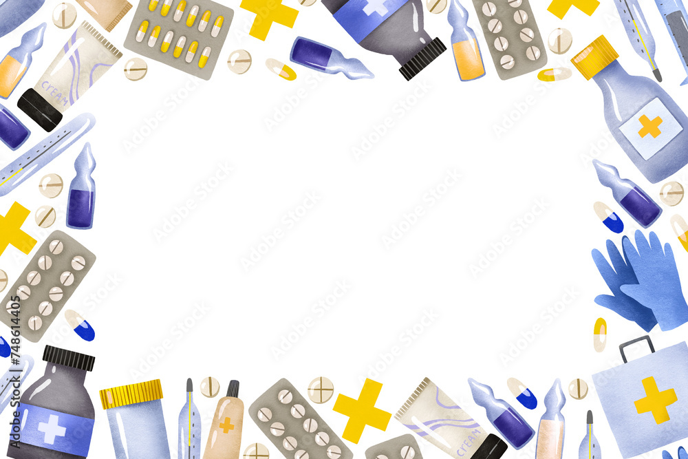 Horizontal border frame with first aid kit with medical equipment and ...