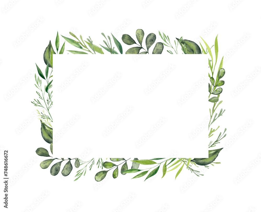Watercolor rectangular frame with green plants. Botanical frame with ...