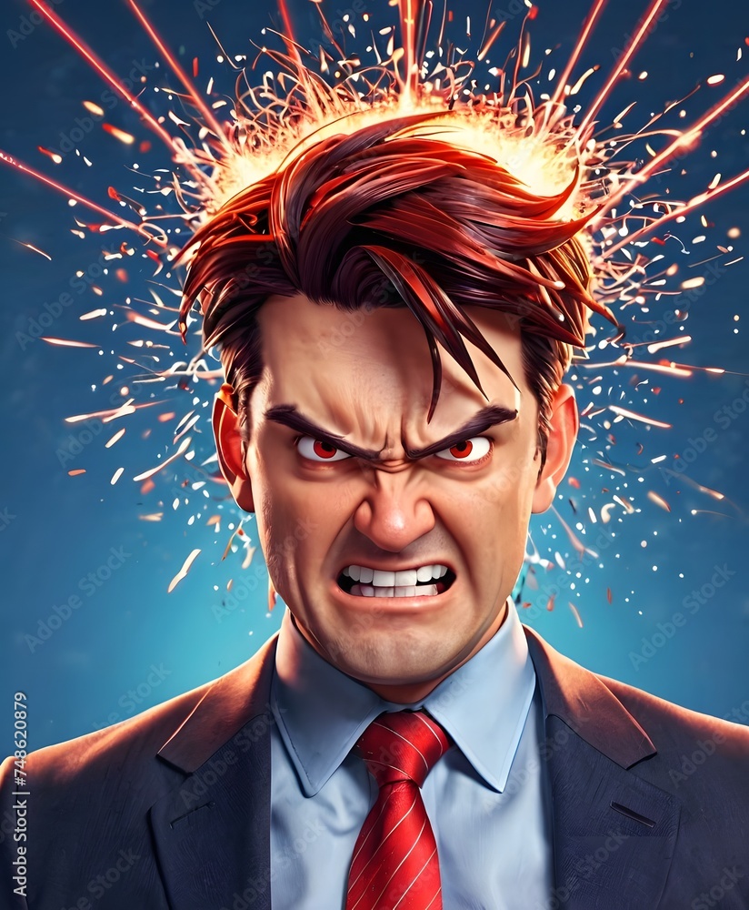 A cartoon businessman exhibits a fiery burst from his head, an artistic ...