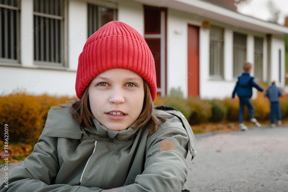 Portrait of stylish teenager boy posing at schoolyard during break in ...