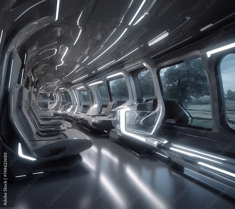 Futuristic speed train interior design. The train speeds through the ...