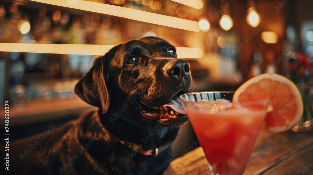 Dog with a cocktail relaxing, birthday celebration, party. A ...